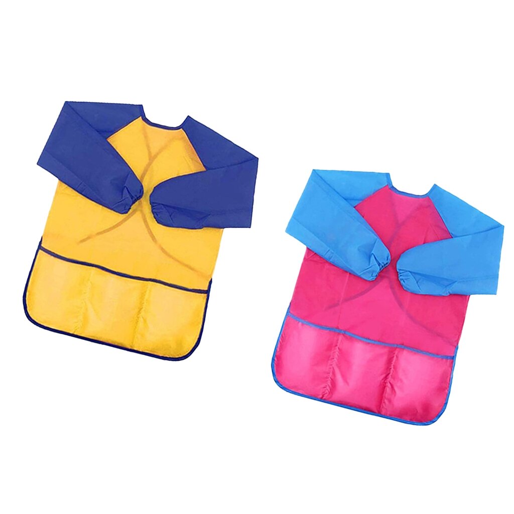 2шт Детские Фартуки с Рукавами и 3 Карманами для 3-8 лет, Водонепроницаемые Детские Халаты, Фартук для Рисования Малышей и детей