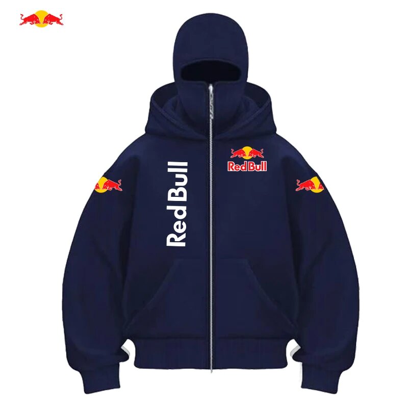 Мужская толстовка на молнии с логотипом RedBull, зимняя теплая повседневная толстовка с маской для лица с капюшоном, дизайн на молнии, спортивная куртка для активного отдыха