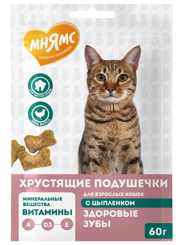 Мнямс хрустящие подушечки для кошек с цыпленком "Здоровые зубы" 60 г 1 уп