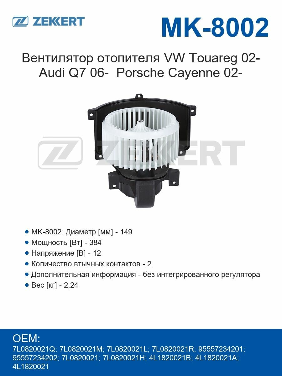 Zekkert Вентилятор отопителя VW Touareg 02- Audi Q7 06- Porsche Cayenne 02-