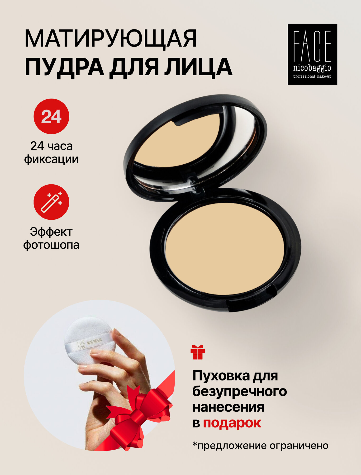 Пудра для лица матирующая SPF 20 + контроль жирности FACE nicobaggio professional make-up