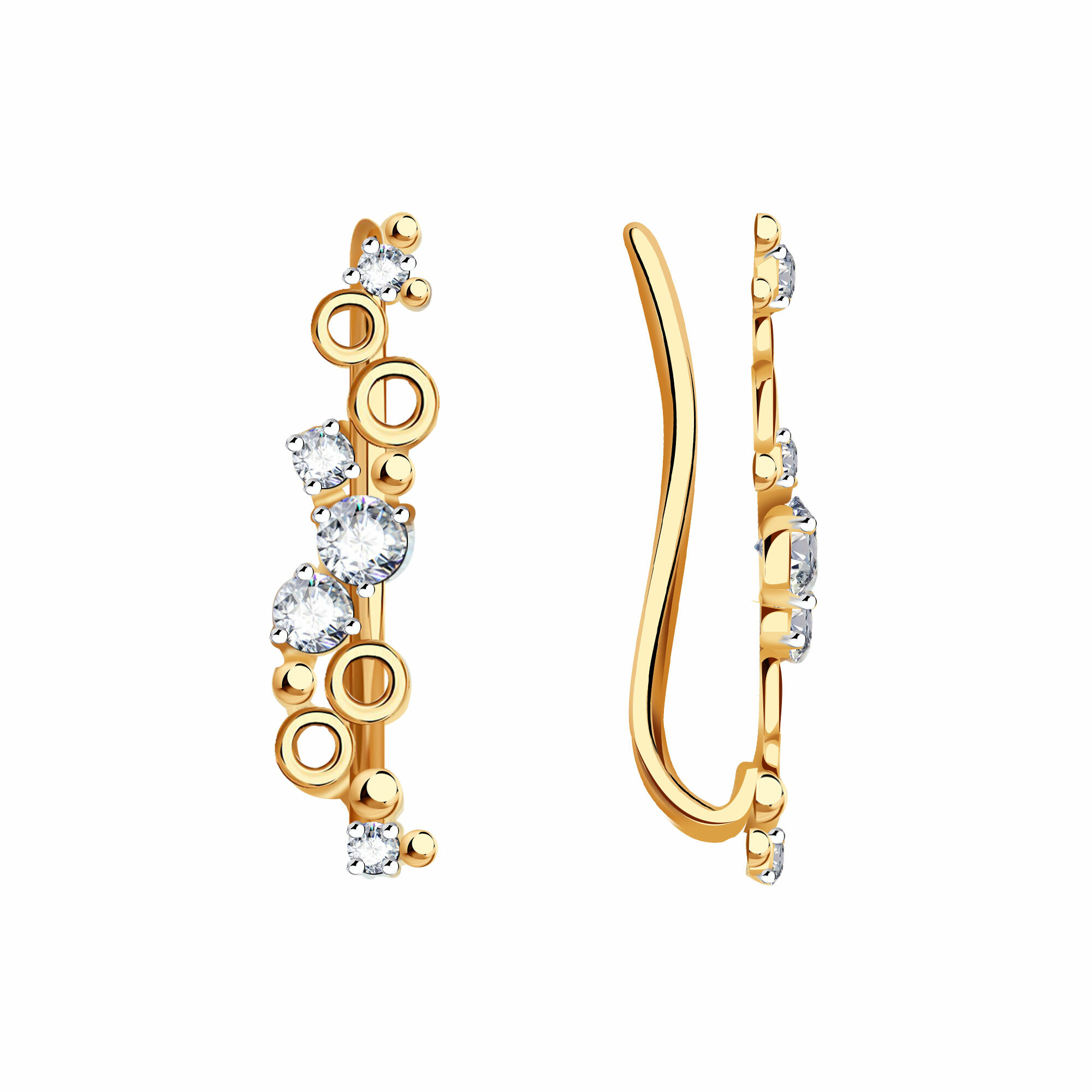 Серьги клаймберы, красное золото, 585 проба, фианит