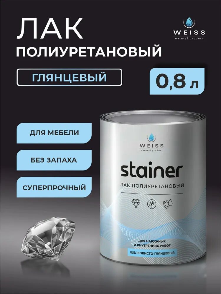 Лак для мебели, полиуретановый, глянцевый, бесцветный, 0.8л