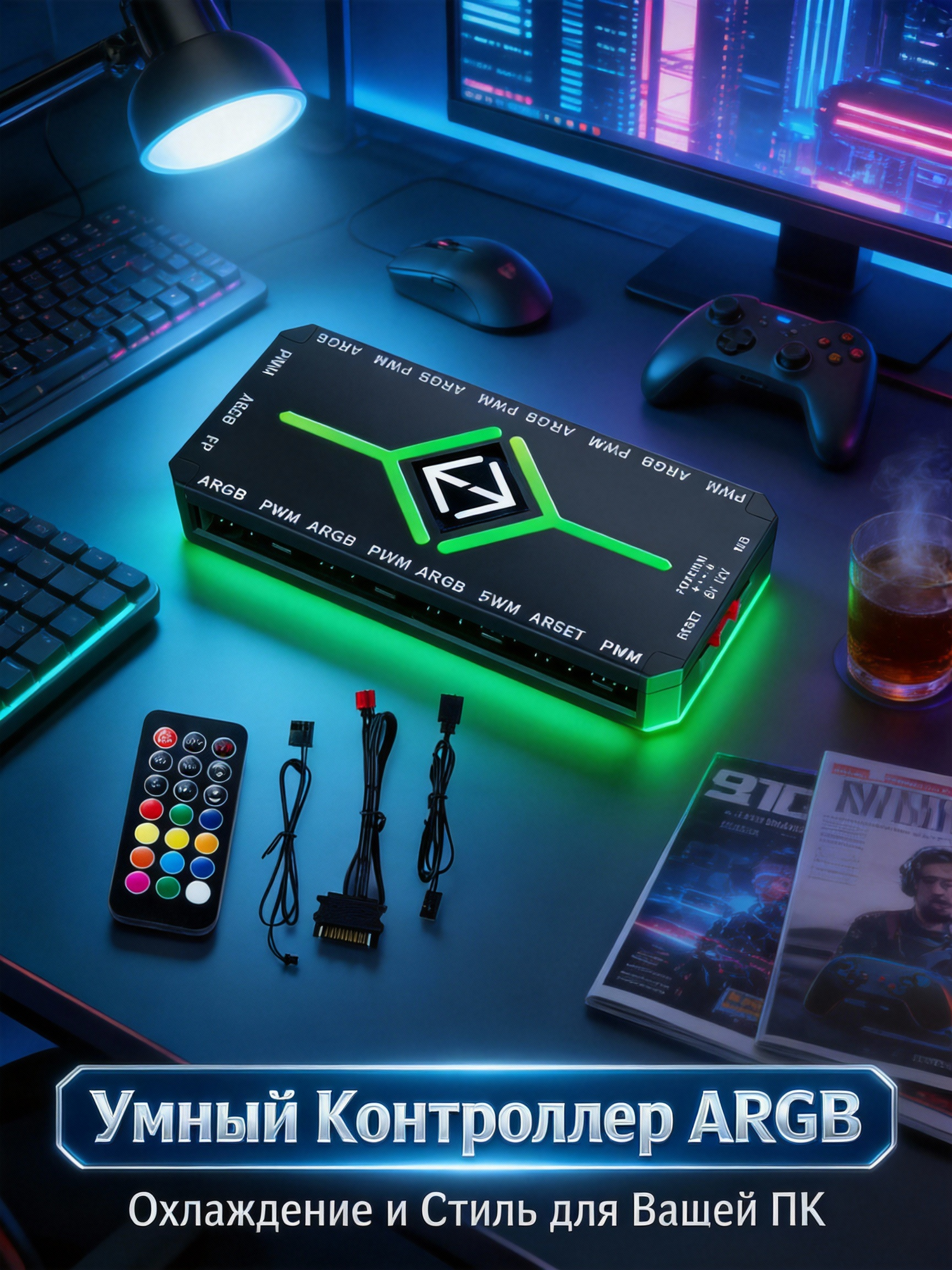 5V 3-контактный ARGB контроллер с 9 ARGB и 9 PWM портами для охлаждения корпуса ПК, магнитный концентратор с питанием SATA и беспроводным пультом