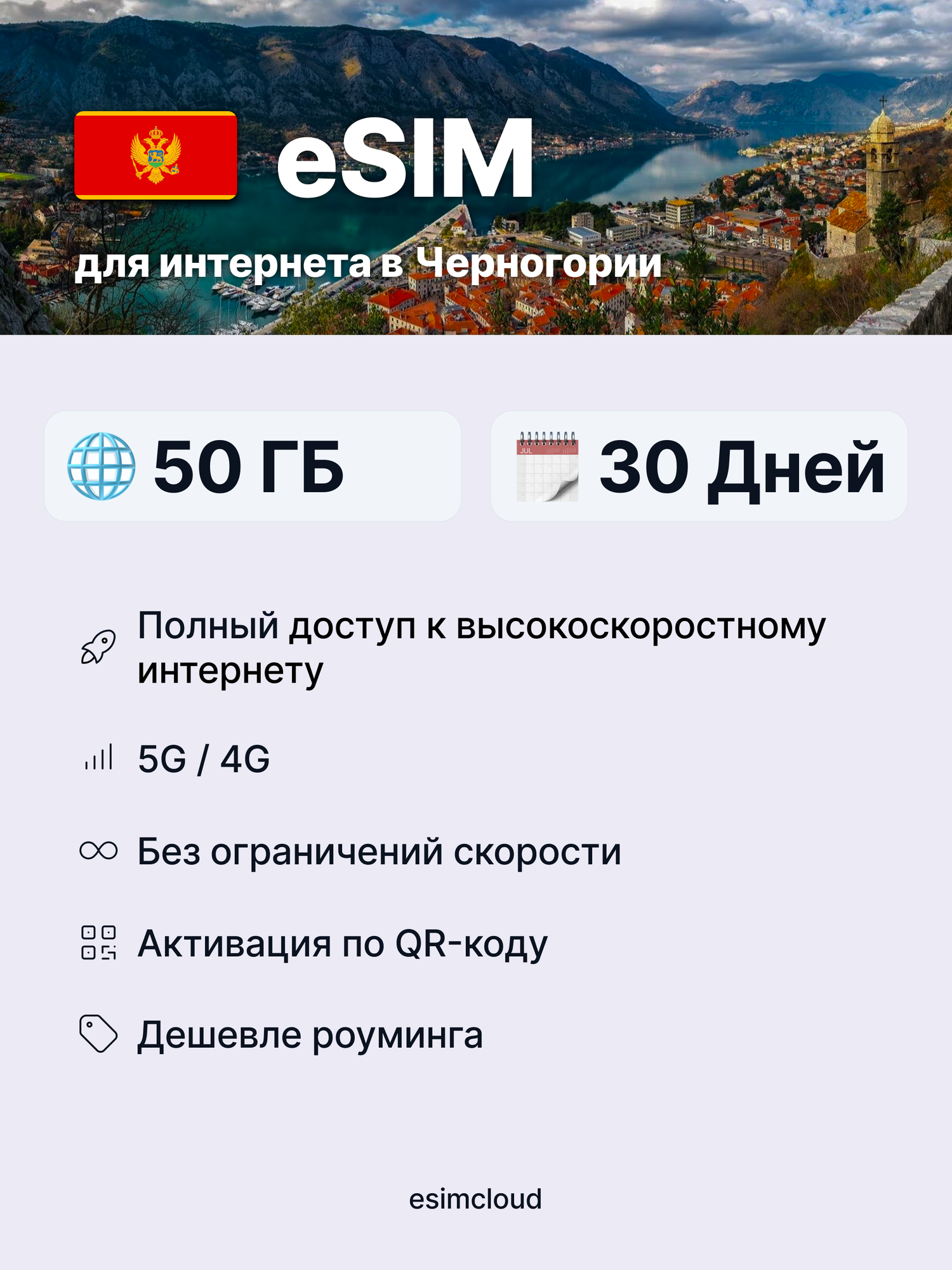 ESIM для Черногории 50 ГБ / 30 дней • Мобильный интернет • Универсальная eSIM • 4G LTE / 5G • Смартфон и планшет