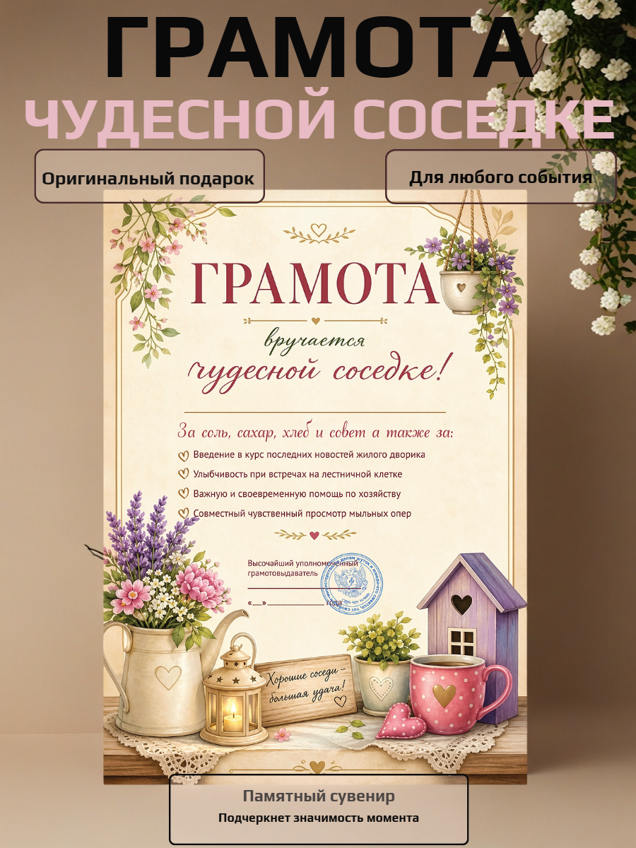 Грамота Филькина грамота "Чудесная Соседка", подарочная, А4, 21x30 см