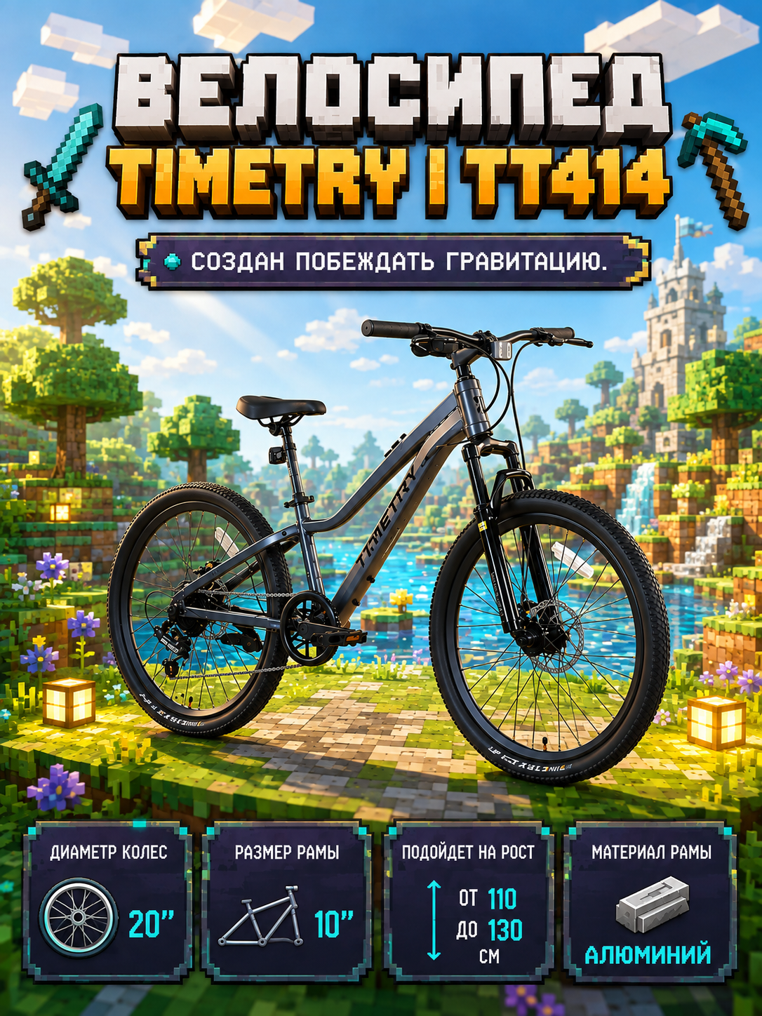 Горный велосипед BREND TIMETRY ORIGINAL TT414, диаметр колес 20", 7 скоростей, рама алюминий, серый