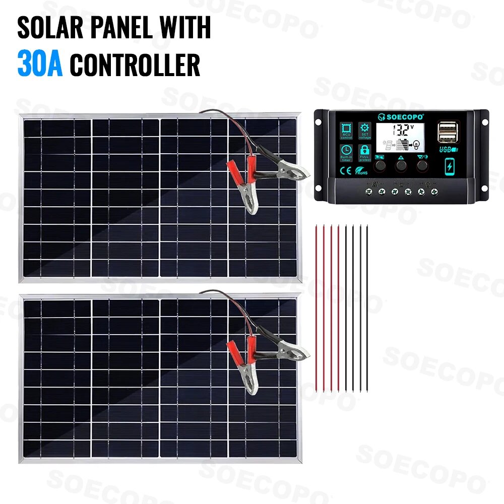 Солнечная панель SOECOPO 100 Вт, 2 шт. с контроллером 30A