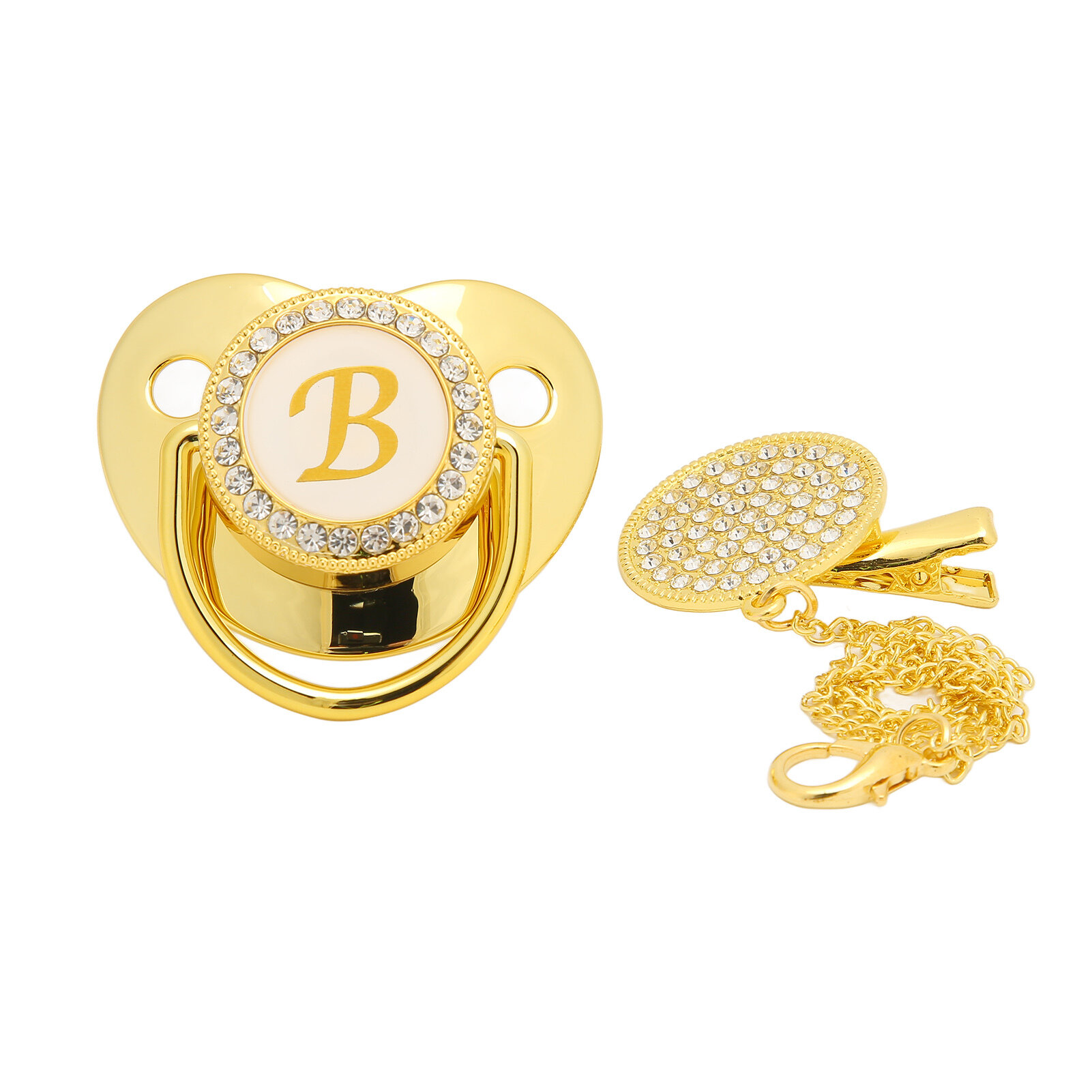 Золотая детская соска изогнутого дизайна, 26 букв, безопасные материалы, здоровая блестящая детская соска с зажимами для детей от 6 до 18 месяцев Baby B