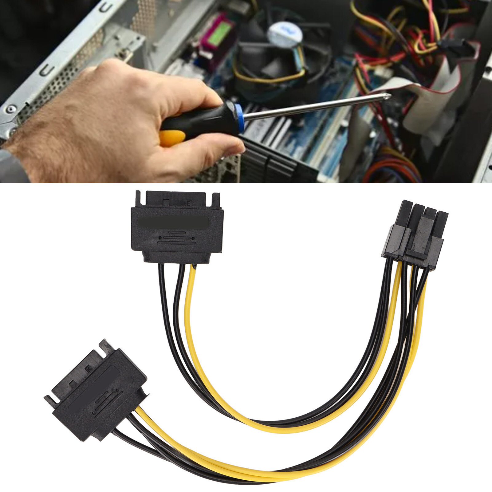 2 шт Кабели питания Dual 15pin SATA to PCIE 8pin Male для видеокарты GPU, Black and Yellow, длина 20cm, ABS и все медное ядро, интерфейс Dual 15pin Sata to PCIE 8pin (6pin + 2pin), компьютерные аксессуары