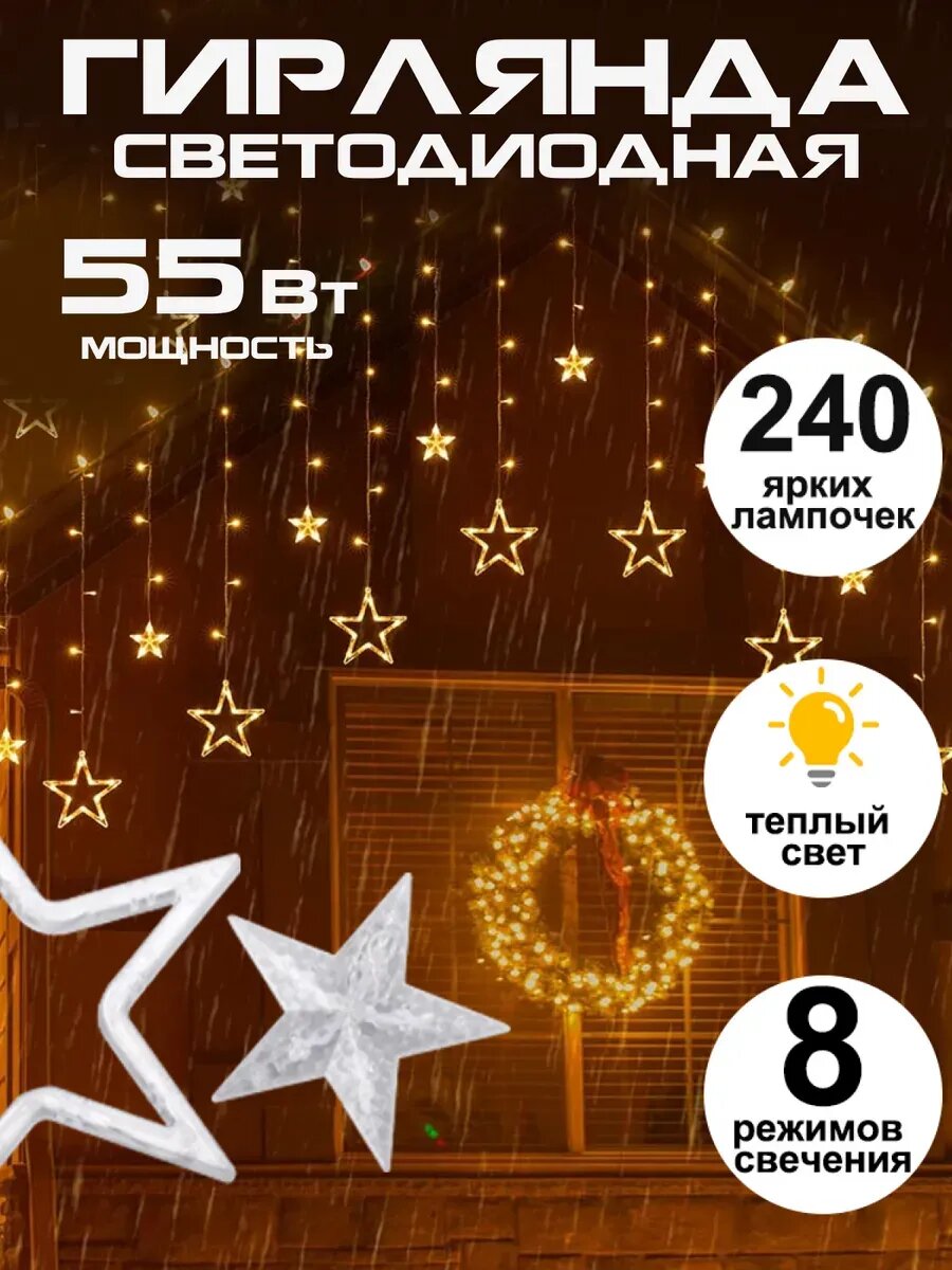 Гирлянда новогодняя Бахрома звезды, 3х0.7м, 120 ламп