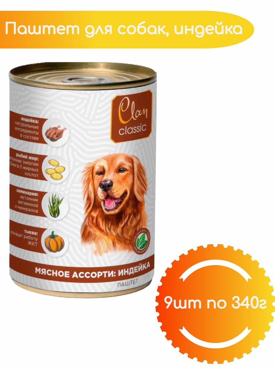 Clan CLASSIC консервы 340гр паштет Мясное ассорти с индейкой для собак (9 банок)