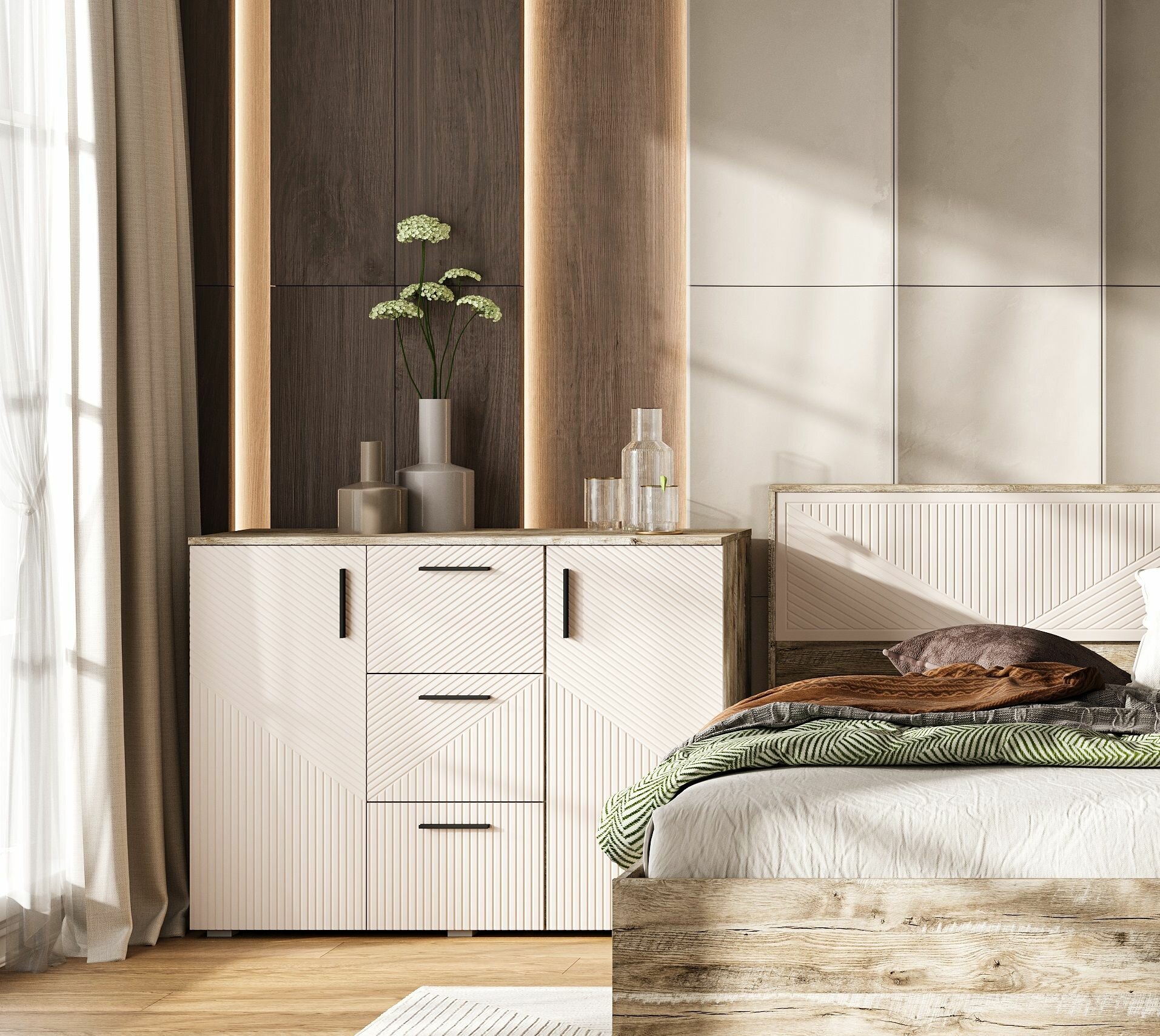 Сильвия Комод 3 ящика 2 двери 1200 мм Кашемир, Дуб Юкон