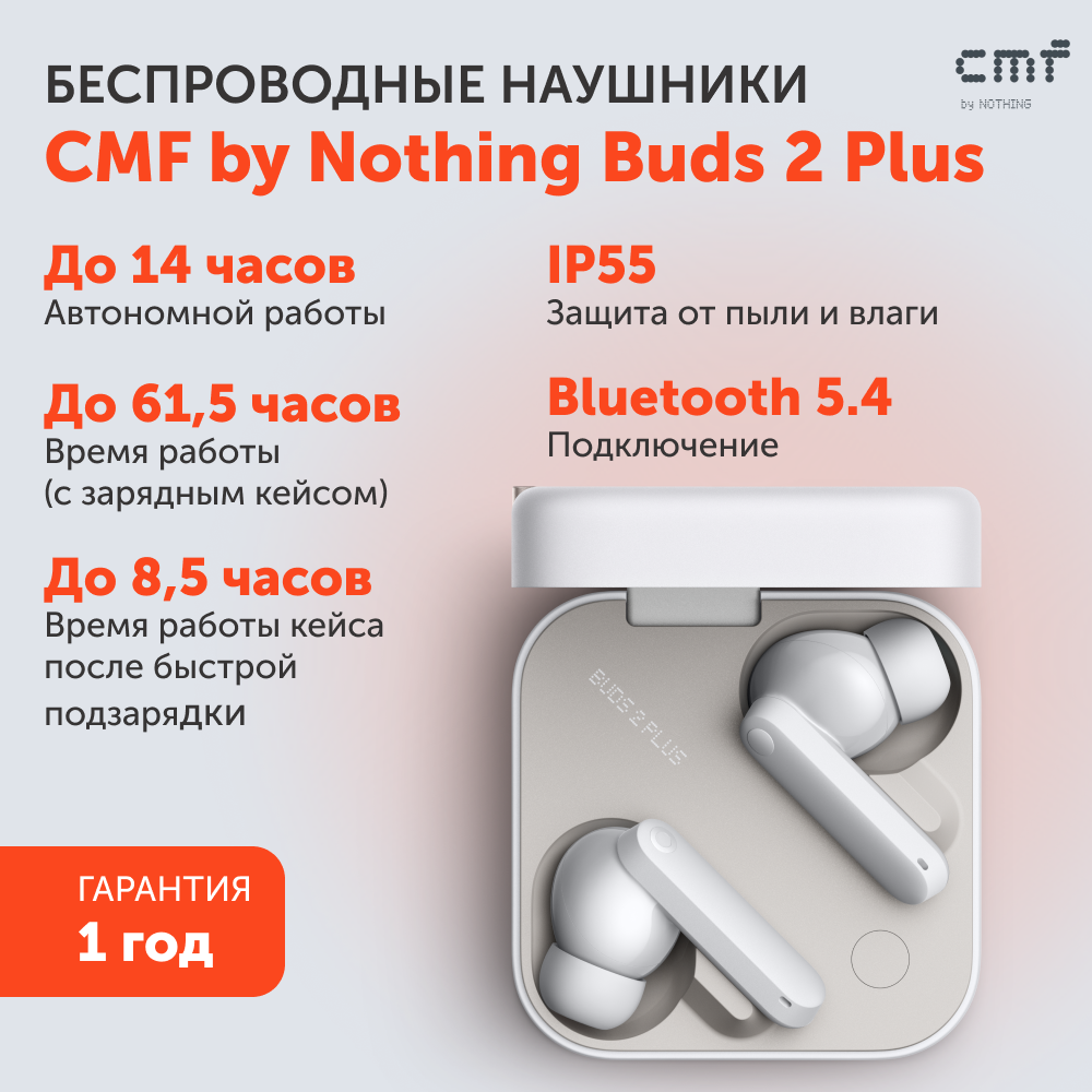 Беспроводные наушники CMF by Nothing Buds 2 Plus, Светло-серый