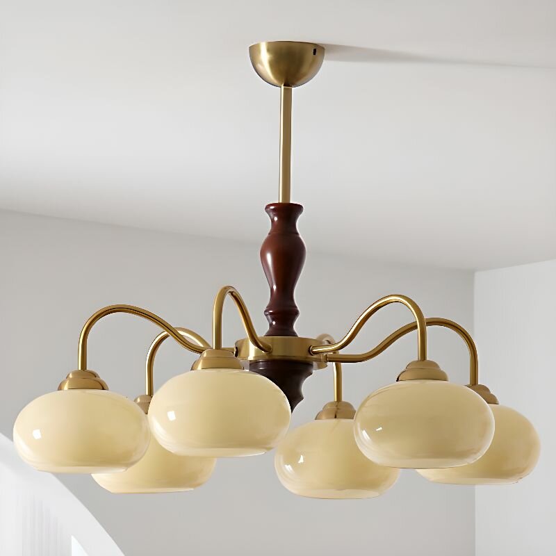 Люстра потолочная Ретро 10-20 ㎡, ножка 15+20 см, высота 50-70см, плафоны вниз/вверх, E27, 6 кремовых плафонов, стекло