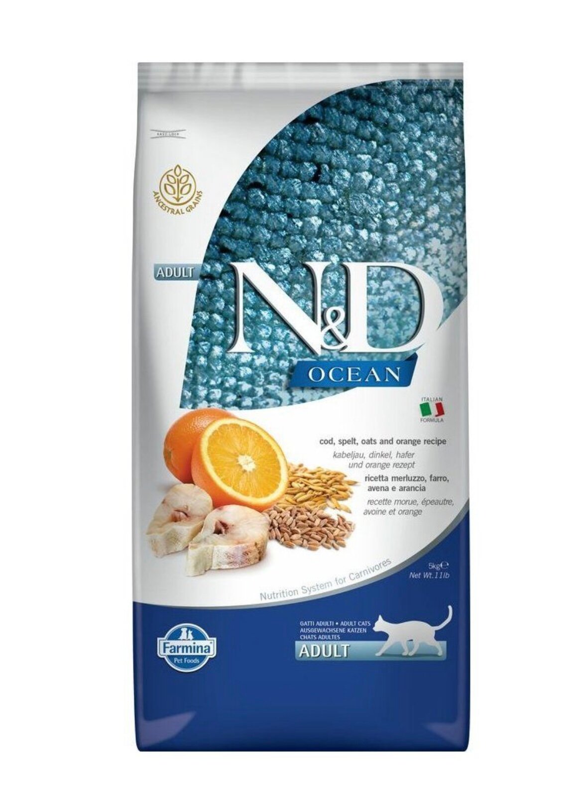 Сухой корм Farmina ND Ocean Cat Cod, Spelt, Oats, Orange Adult для взрослых кошек, треска, спельта, овес и апельсин, 5кг