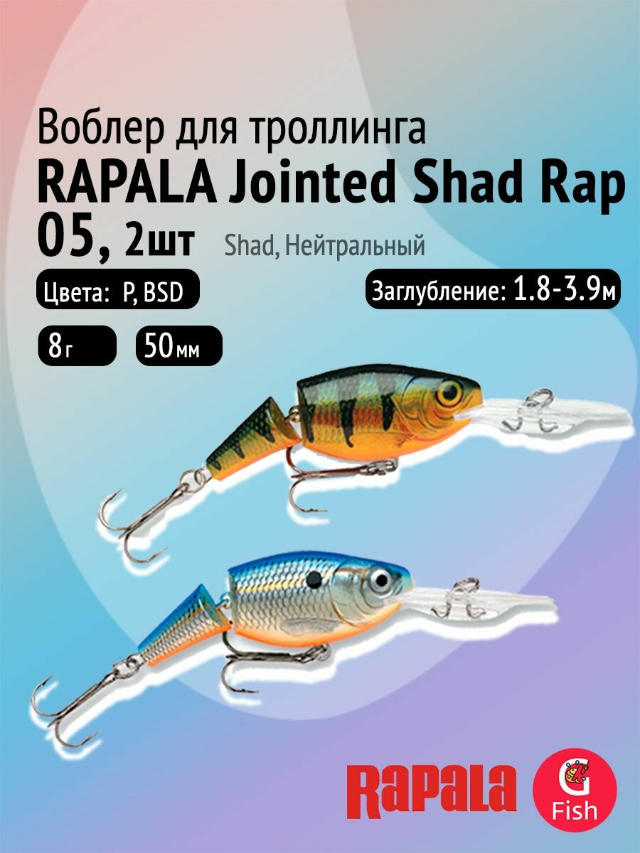 Комплект воблеров: 2 штуки RAPALA Jointed Shad Rap 05, 5см, 8г, цвета P/BSD