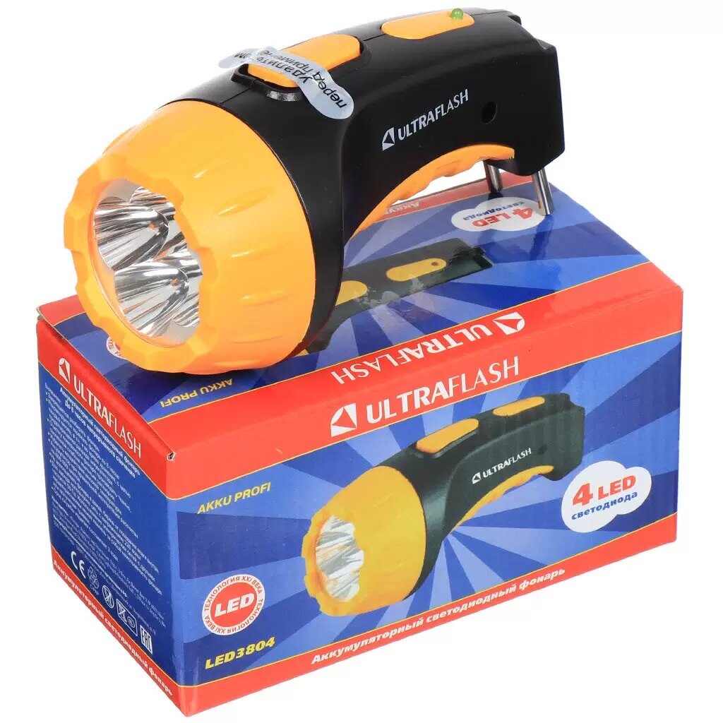Фонарь ручной, встроенный аккумулятор, Ultraflash, 3 804, зарядка от сети 220 В, пластик, режим SOS, черно-желтый, 9215