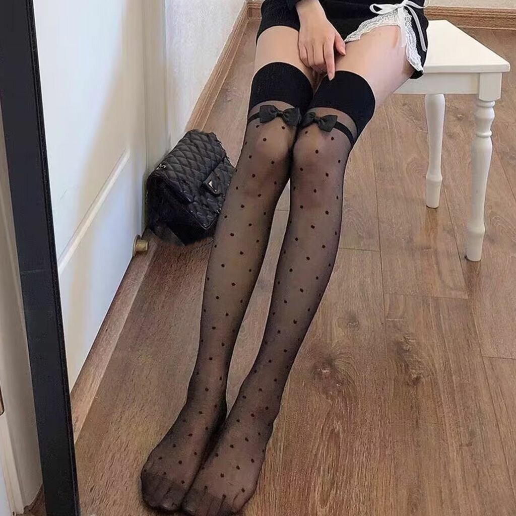 Летние ультратонкие чулки выше колена с бантом в горошек-черный
