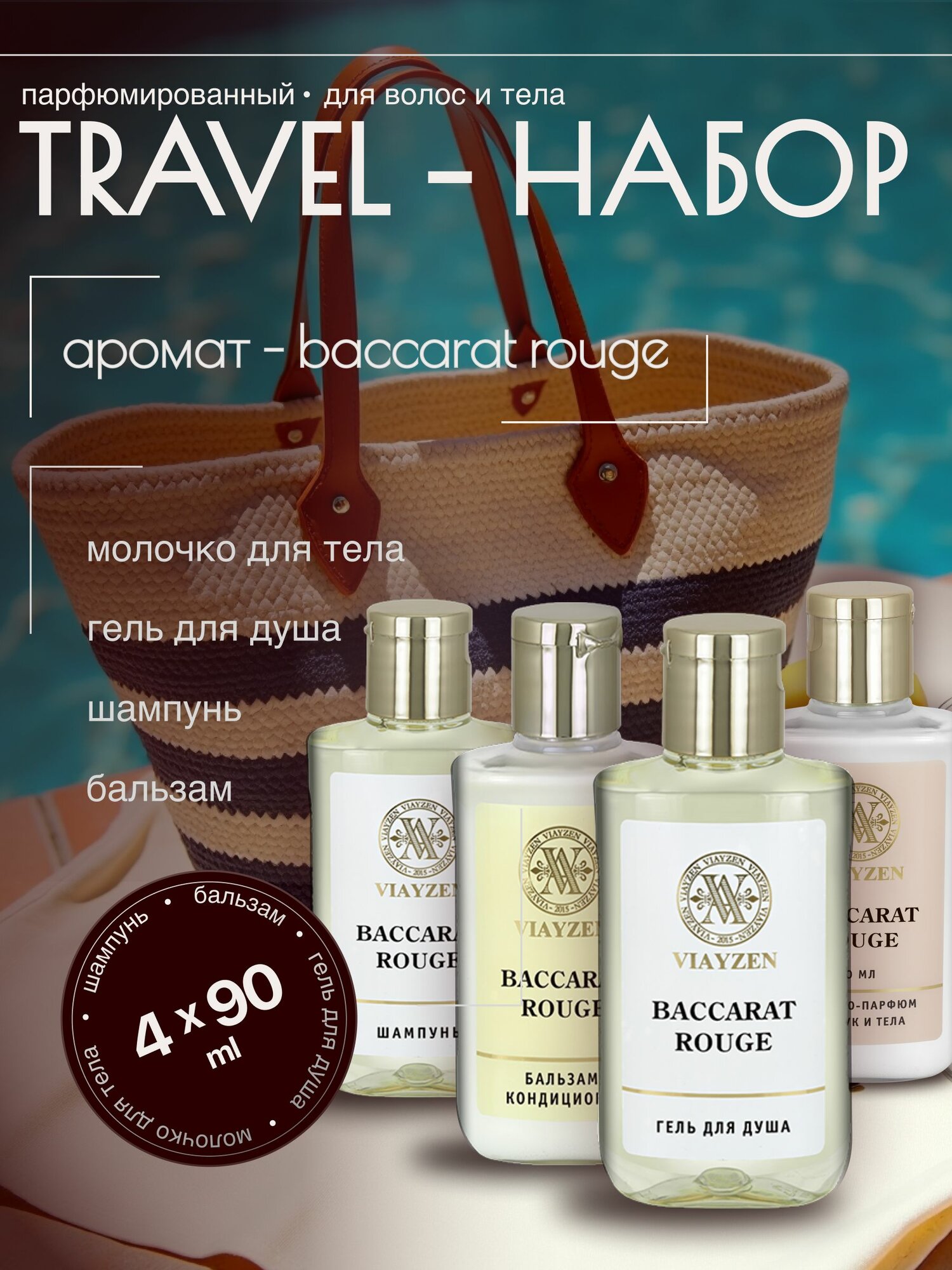 Парфюмированный мини набор с ароматом Baccarat Rouge, комплект для путешествий VIAYZEN (гель+шампунь+бальзам+молочко) 90 мл