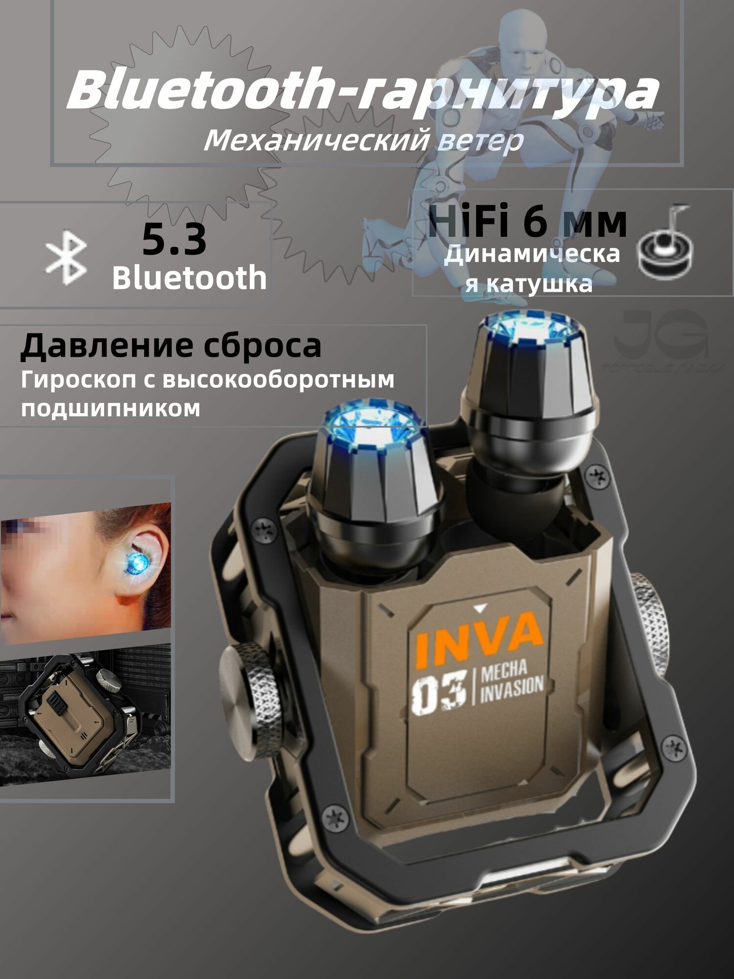 Bluetooth-гарнитура, металлическая Bluetooth-гарнитура механическое вторжение INVA-S, игровая киберспортивная спортивная беспроводная гарнитура в меха-стиле
