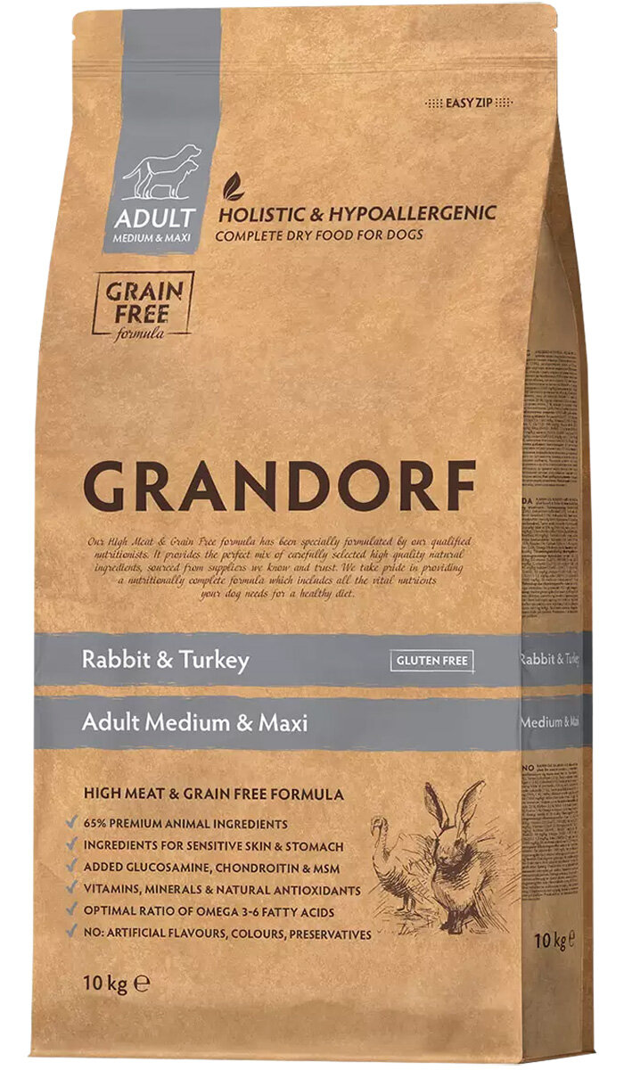 Сухой корм GRANDORF GRAIN FREE DOG ADULT MEDIUM & MAXI RABBIT & TURKEY, беззерновой, для взрослых собак средних и крупных пород, с кроликом и индейкой, 10 кг