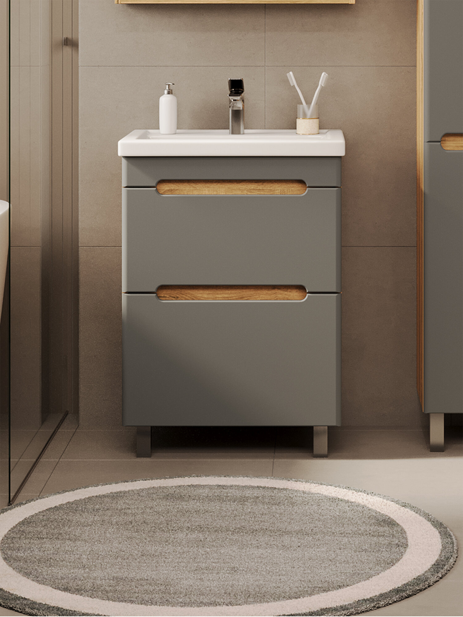 Тумба напольная Vannika Canto 60 с раковиной Фостер 60 для ванной комнаты, дуб вотан, графит софт