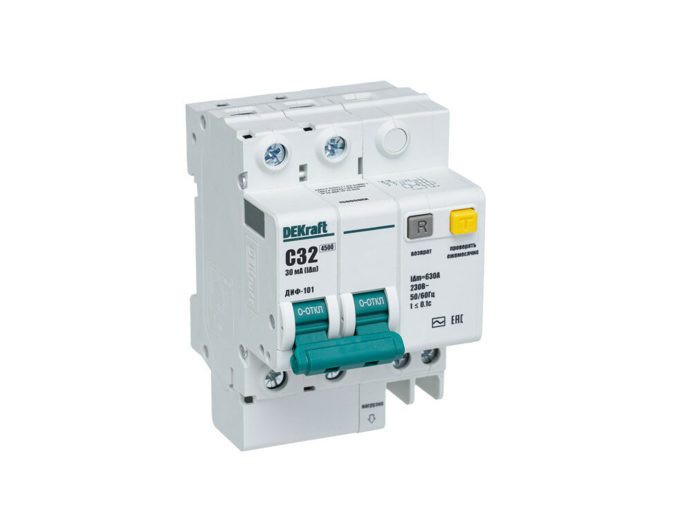 Диф. автомат 2P 32А 30мА тип АC х-ка C 4,5кА ДИФ-101 DEKraft