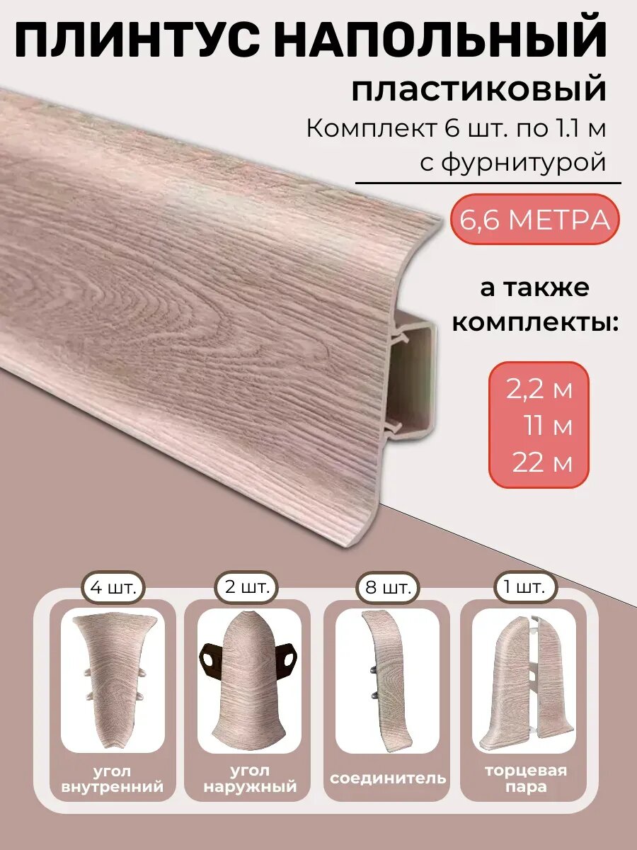 Плинтус напольный пластиковый с кабель-каналом, 6.6м - 6 шт. по 1.1м, Идеал Классик, дуб палена