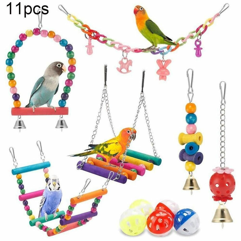 11 шт, набор клеток для попугаев и птиц, лестничные качели, деревянное кольцо из бисера, обучающий мяч, игрушка