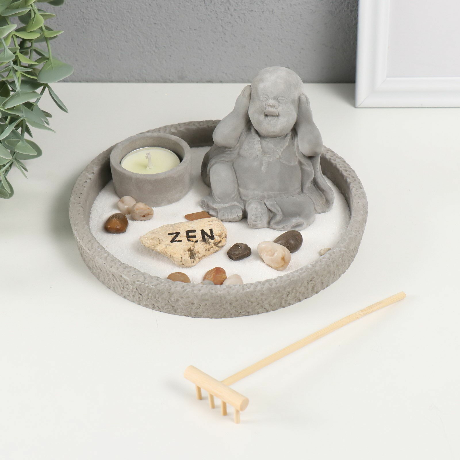 Японский сад камней настольный "Дзен. Хотей ничего не слышу", со свечой, набор аксессуаров, d=16.5 см