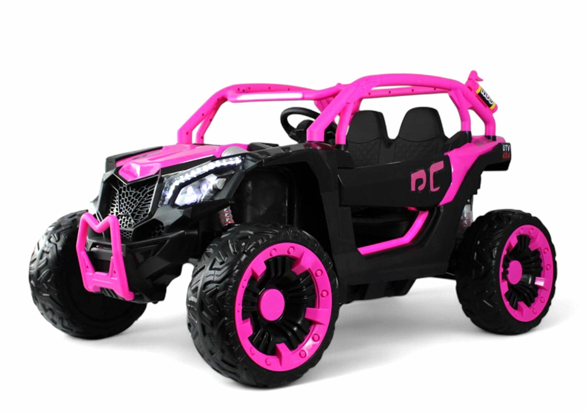 Детский электромобиль RiverToys X707XX с дистанционным управлением, полноприводный, двухместный черно-розовый