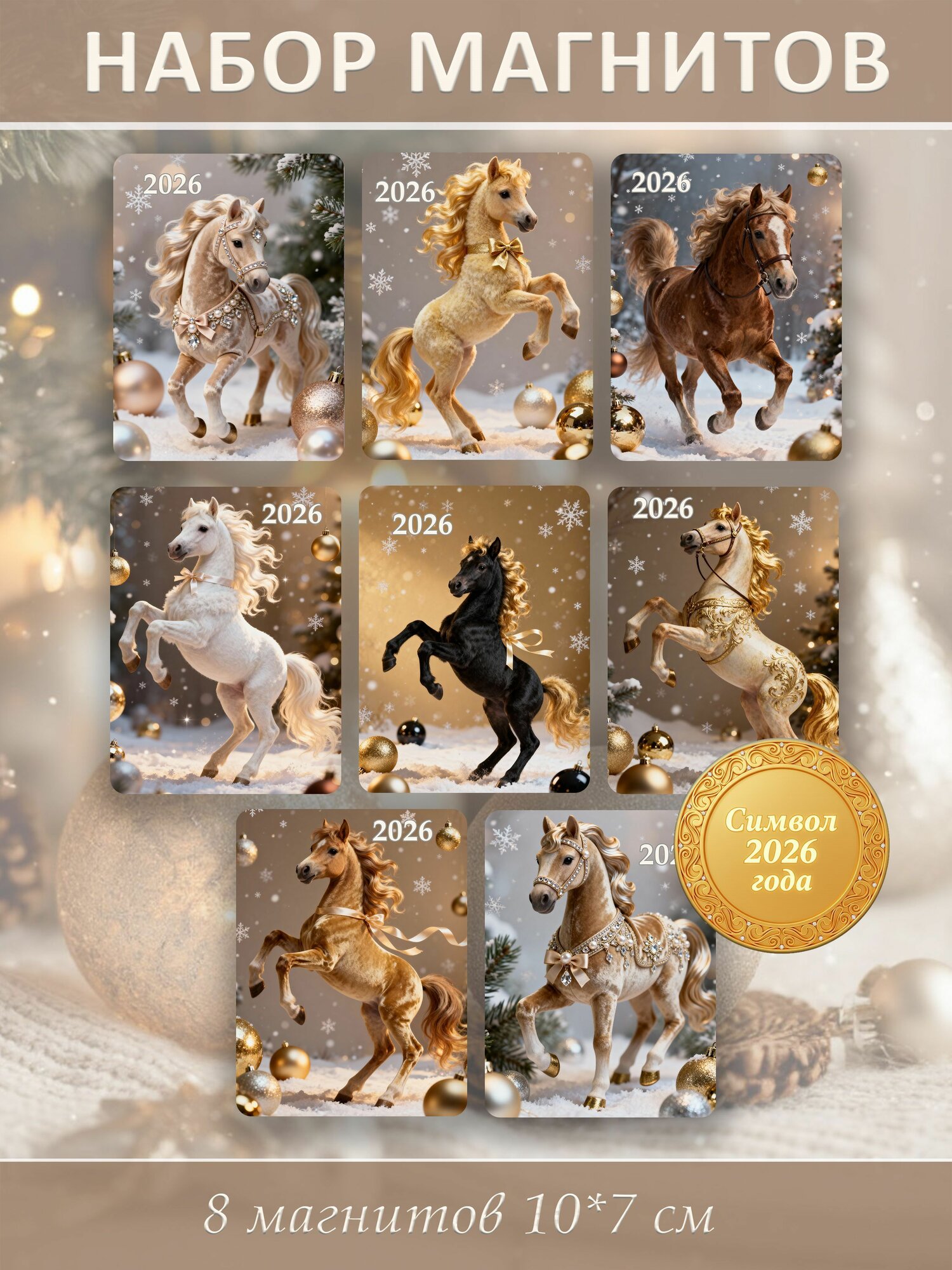 Магниты новогодние 2026, 8 шт. 10х7 см