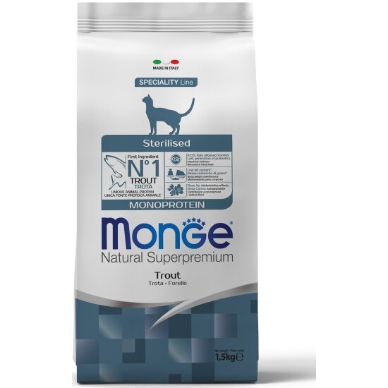 Корм сухой Monge Cat Monoprotein Sterilised Trout для стерилизованных кошек с форелью 1,5 кг