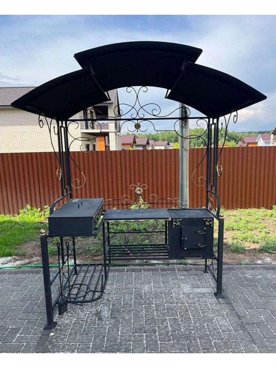 Большой мангал с крышей от дождя для дачи с печкой под казан. Мангальная зона лофт. Гриль барбекю для улицы