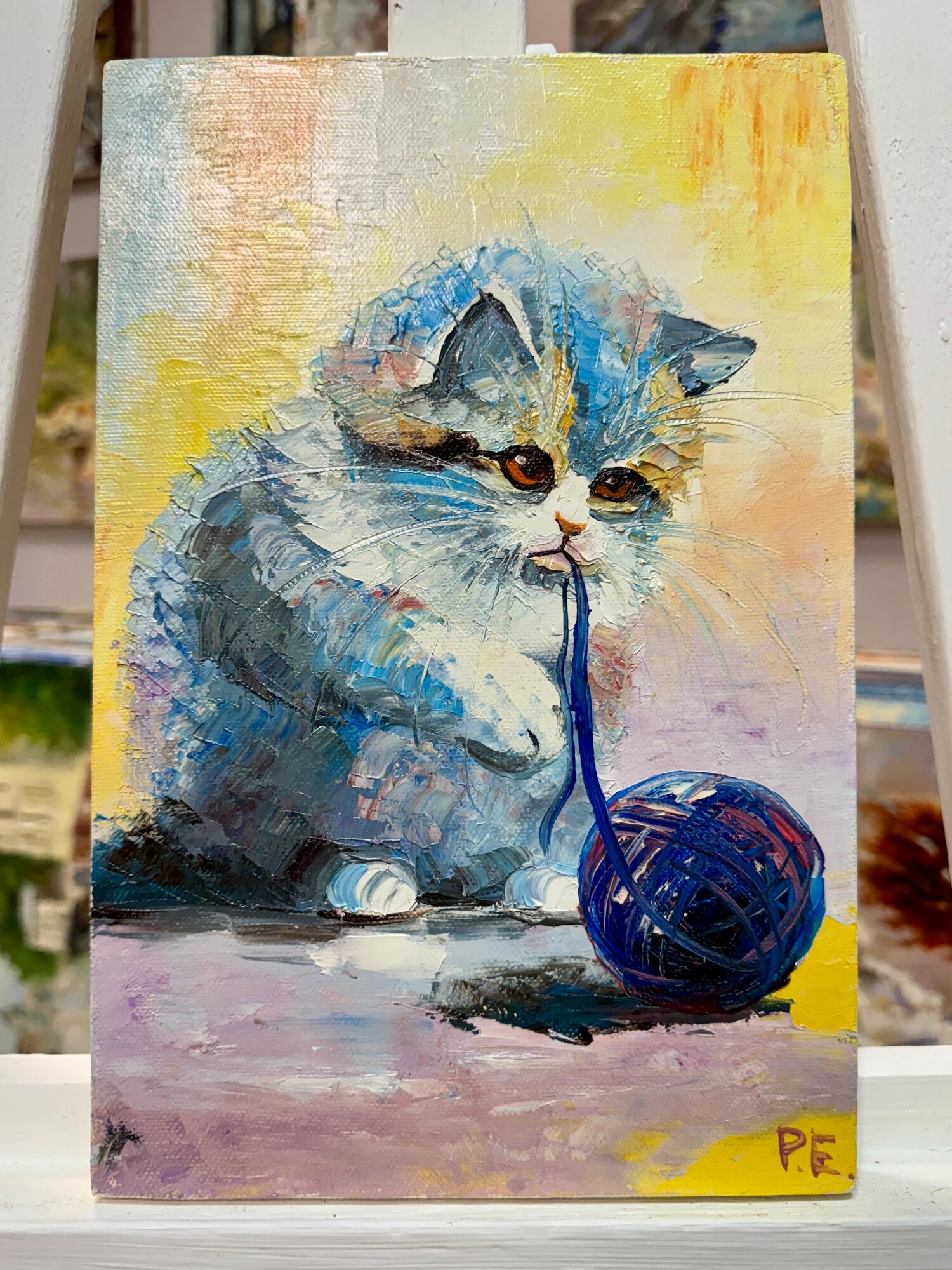 Картина маслом Котик с клубком ниток 20х30 см. 100% ручная работа. Художественная мастерская Грёзы.