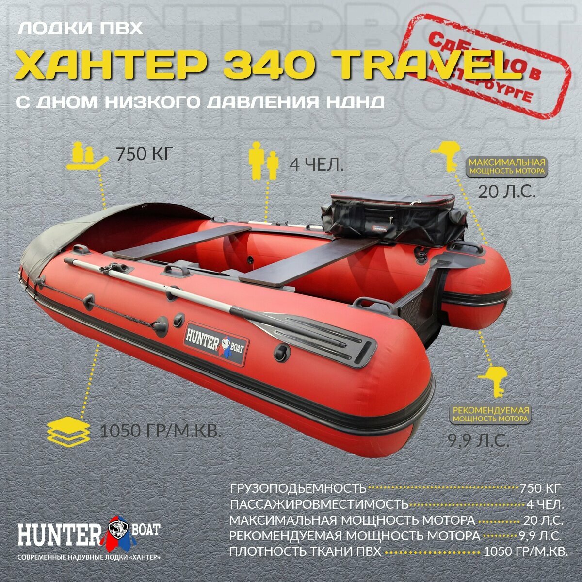 Лодка ПВХ Hunterboat Хантер Travel 340, красно/черный под мотор до 20 сил