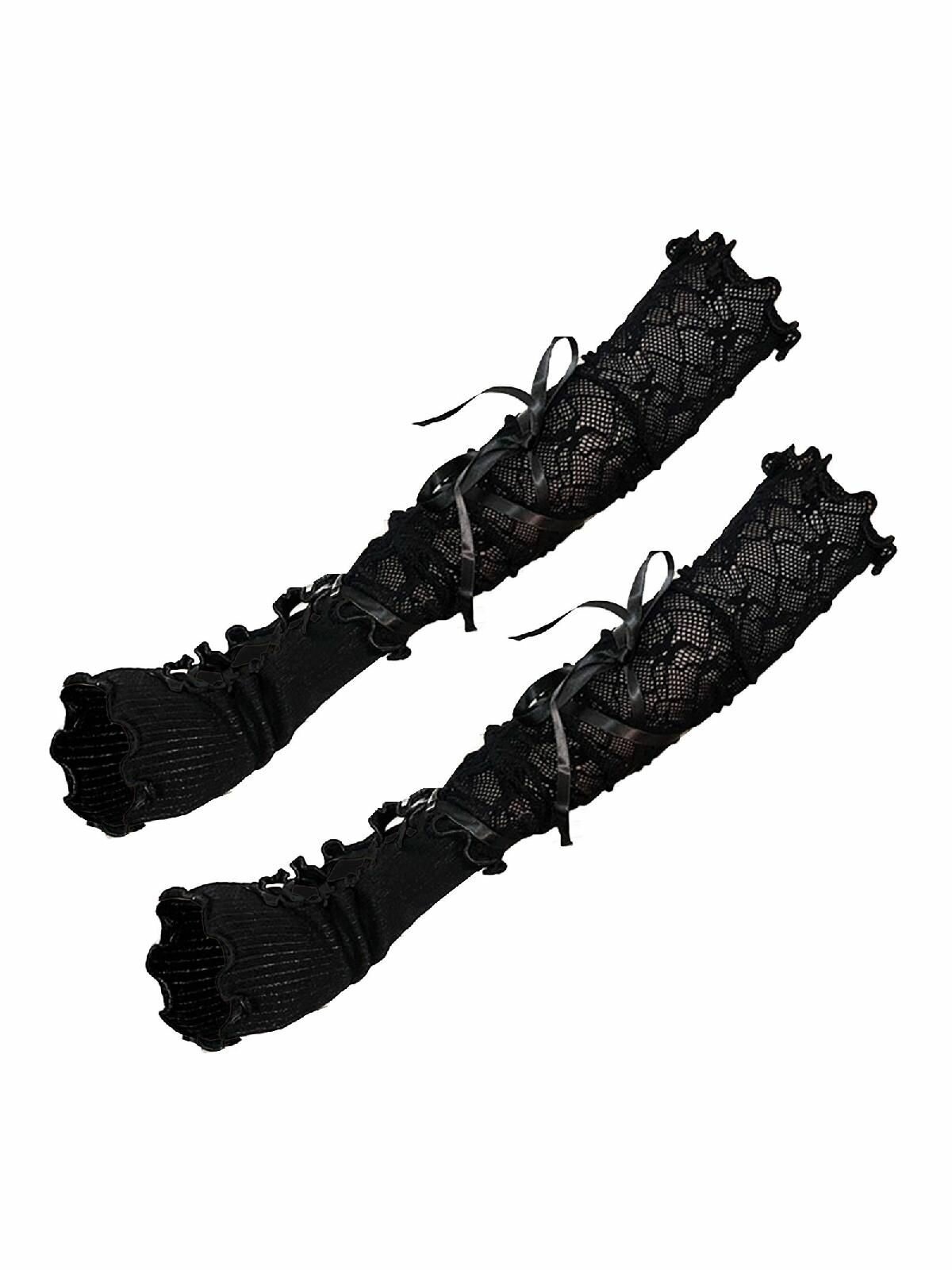 Винтажные кружевные перчатки до локтя с цветочным узором, эластичные, с бантом, для свадебных мероприятий, белые, Черный