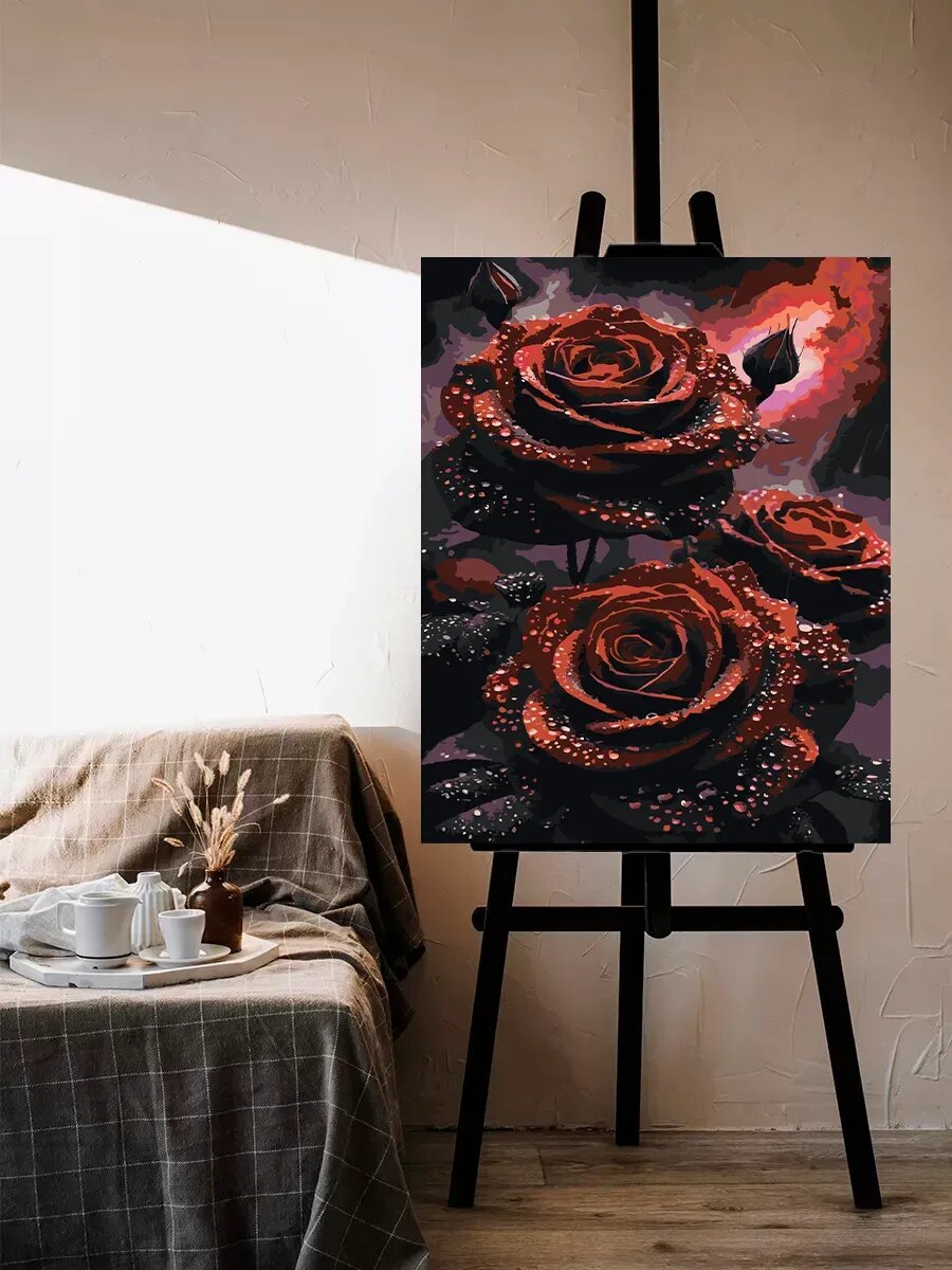 Картина по номерам Красные Розы с Каплями Воды Цветы
