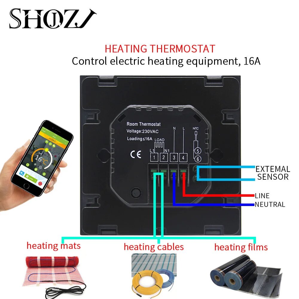 Wi-Fi термостат контроллер SHOJZJ для теплых полов WIFI HEATING, 95-220V