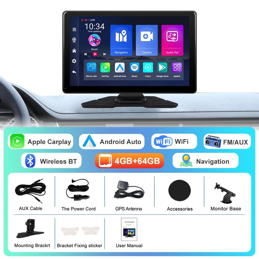 Podofo Android 13 CarPlay портативный умный плеер 9 "Carplay Android автомобильный монитор навигатор GPS WIFI Airplay экран приборной панели, 9inch 4G 64G WIFI