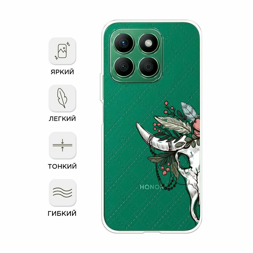 Чехол на Honor X8B / Хонор X8B с принтом Череп быка с цветами, прозрачный — фото 1