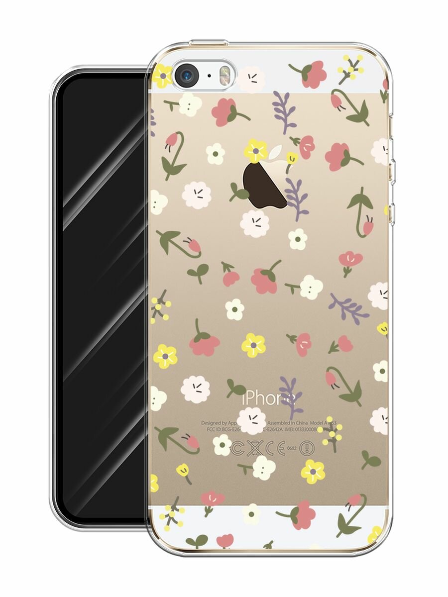 Чехол на Apple iPhone 5/5S/SE / Айфон 5/5S/SE с принтом "Россыпь цветов рисунок", прозрачный — фото 1