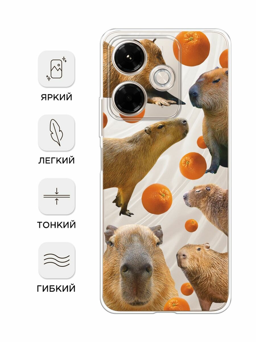 Чехол на Xiaomi Redmi 13X / Сяоми Редми 13X с принтом "Капибара и апельсины", прозрачный — фото 1