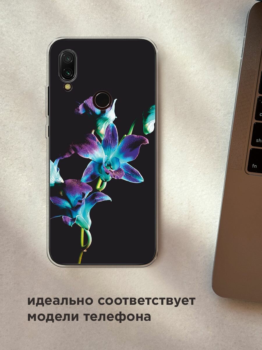 Чехол на Xiaomi Redmi 7 / Сяоми Редми 7 с принтом "Синий цветок на черном" — фото 1