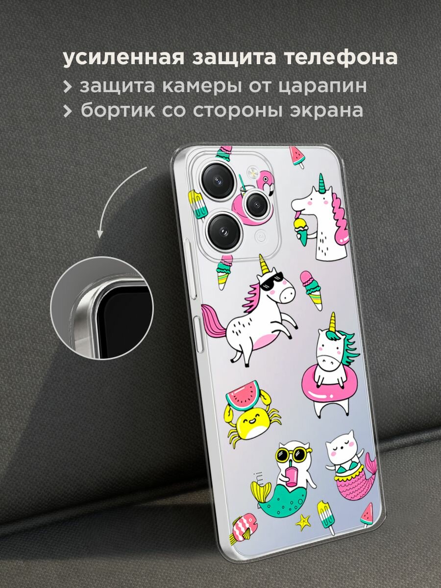 Чехол на Xiaomi Redmi 12 / Сяоми Редми 12 с принтом "Единороги в отпуске", прозрачный — фото 1