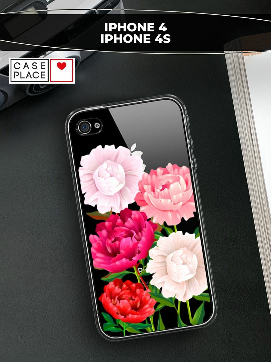 Чехол на Apple iPhone 4/4S / Айфон 4/4S с принтом "Большие пионы", прозрачный