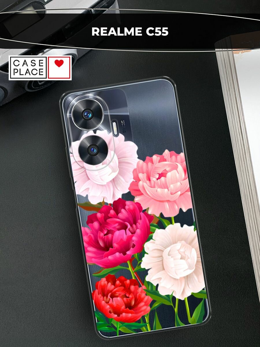 Чехол на Realme C55 / Реалми C55 с принтом "Большие пионы", прозрачный