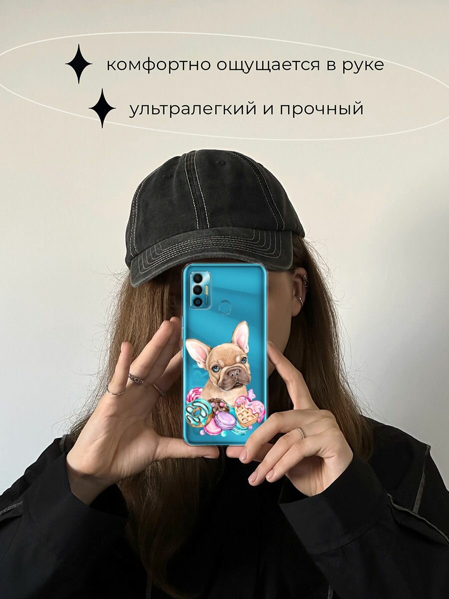 Чехол на Tecno Spark 7 / Техно Спарк 7 с принтом "Бульдог и сладости", прозрачный — фото 1