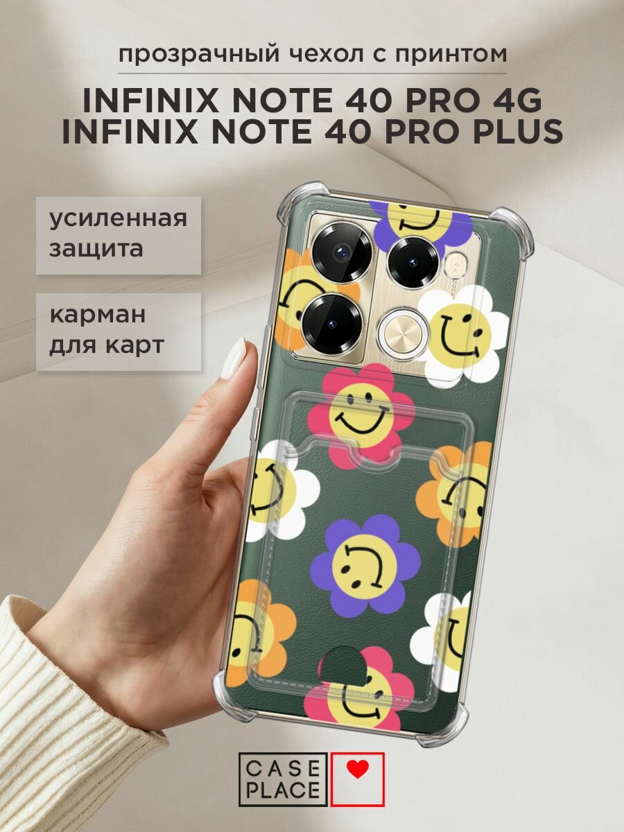 Чехол на Infinix Note 40 Pro 4G/40 Pro Plus (Инфиникс Нот 40 Про 4G/40 Про Плюс) с картой и принтом "Смайлики в цветах"